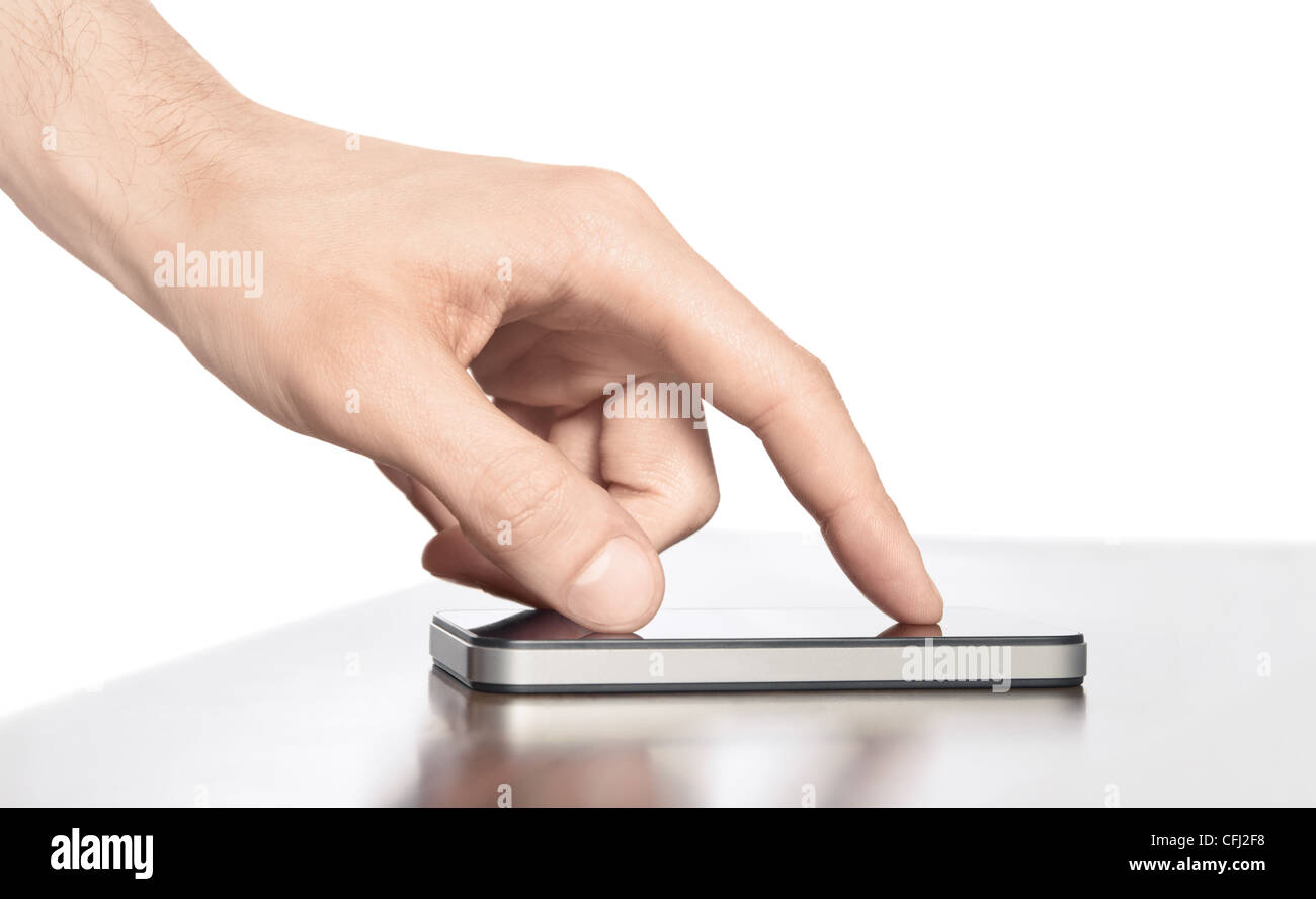 Man hand touching screen on modern mobile smart phone. Isolated white ...