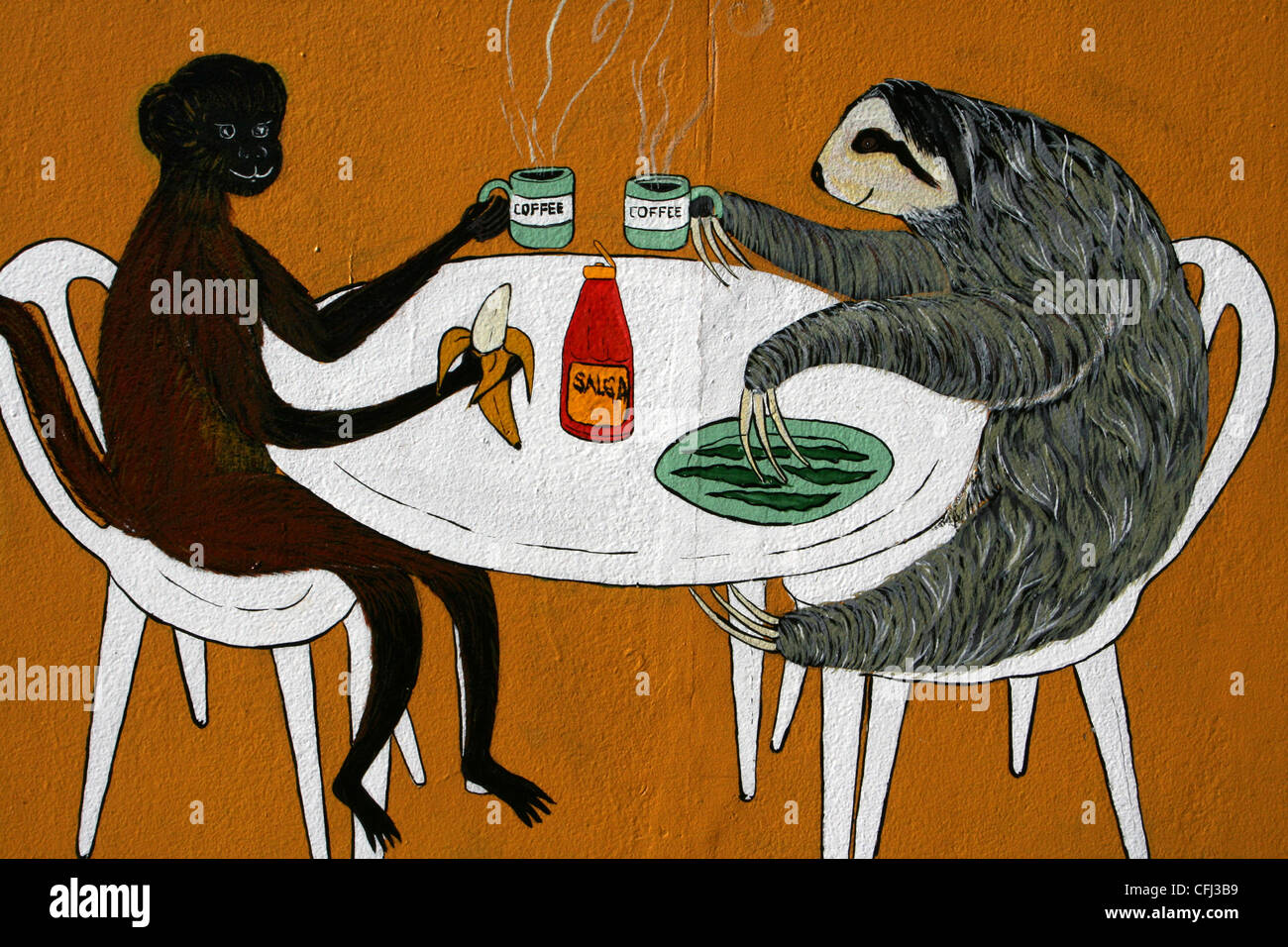 Amusing Monkey And Sloth Mural in Tortuguero Village, Costa Rica Stock ...