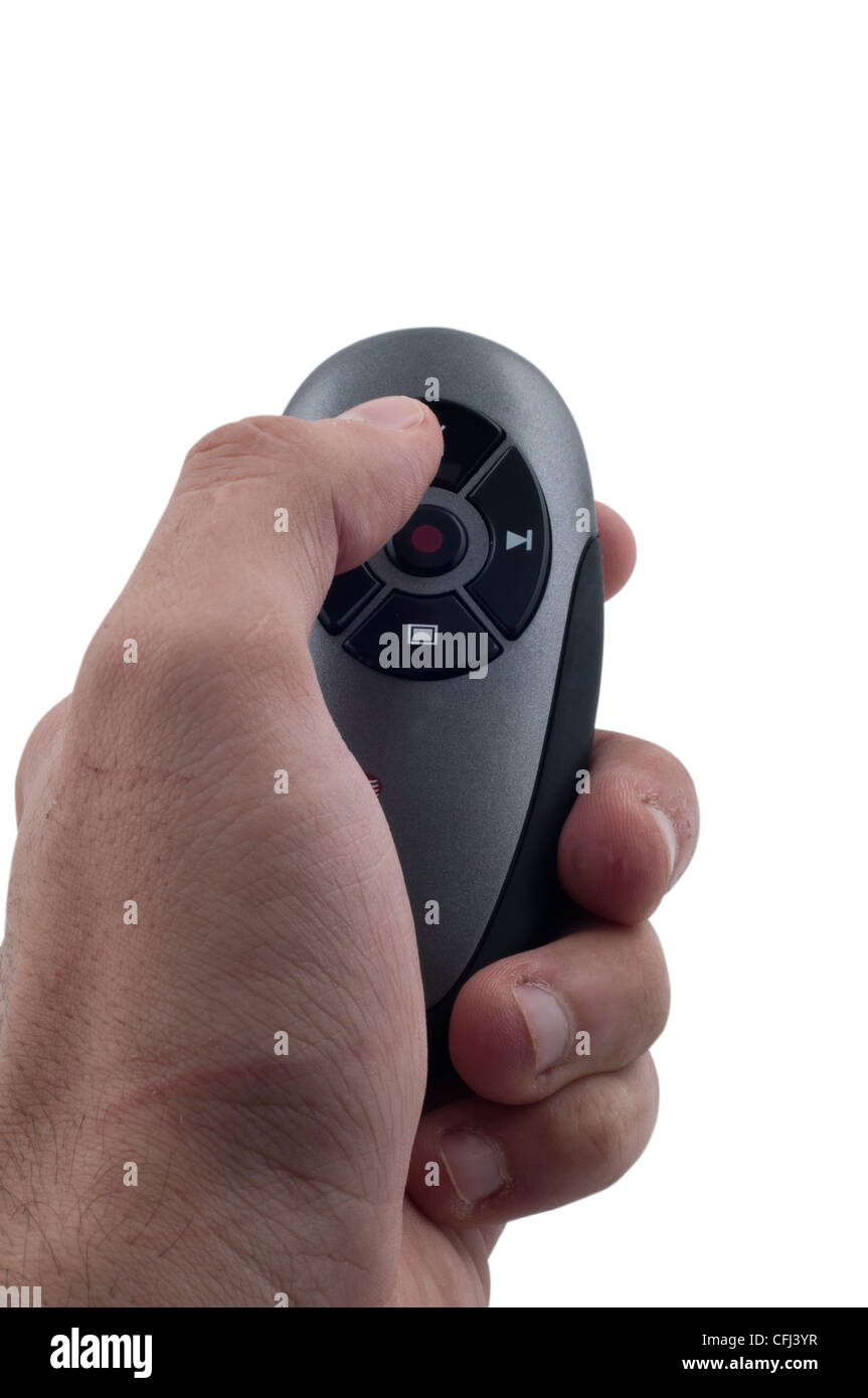 Remote presentation controller on the human hand in isolated white ...