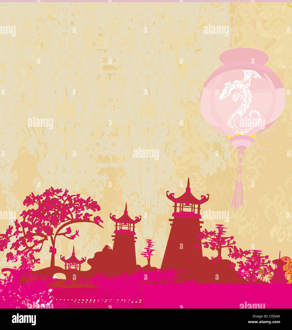 old paper with Asian Landscape and Chinese Lanterns - vintage japanese ...