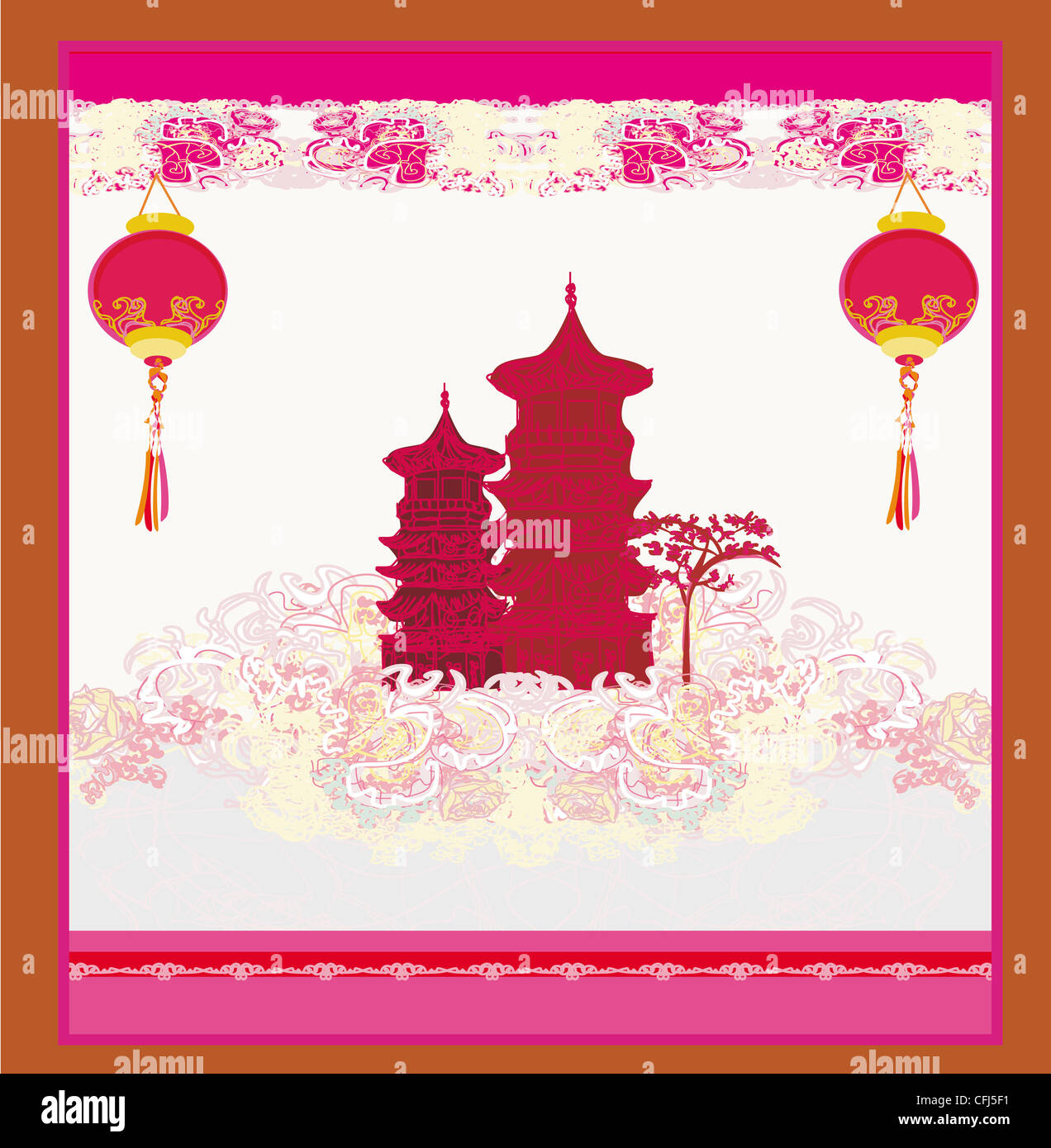 old paper with Asian Landscape and Chinese Lanterns - vintage japanese ...