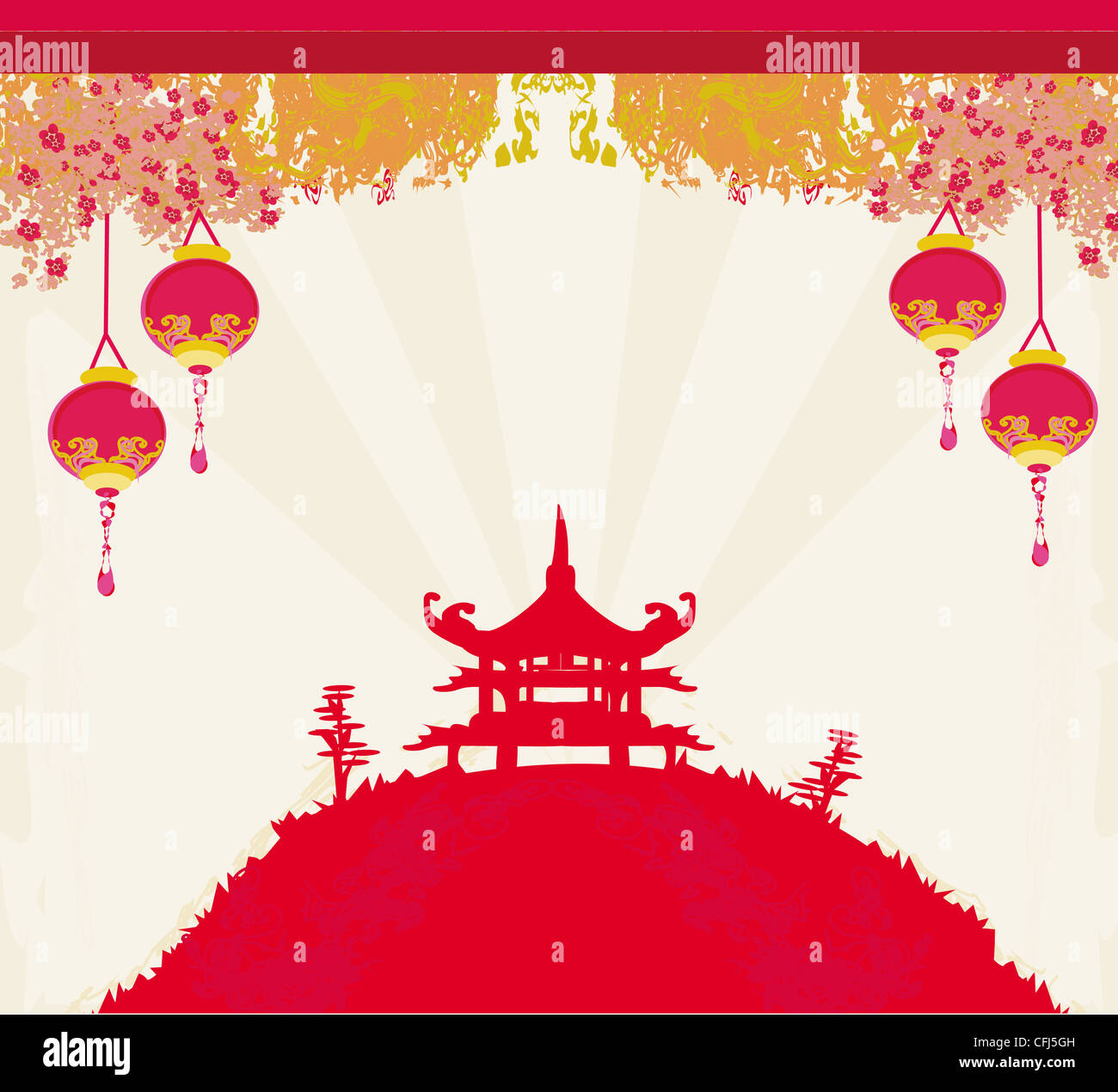 old paper with Asian Landscape and Chinese Lanterns - vintage japanese ...