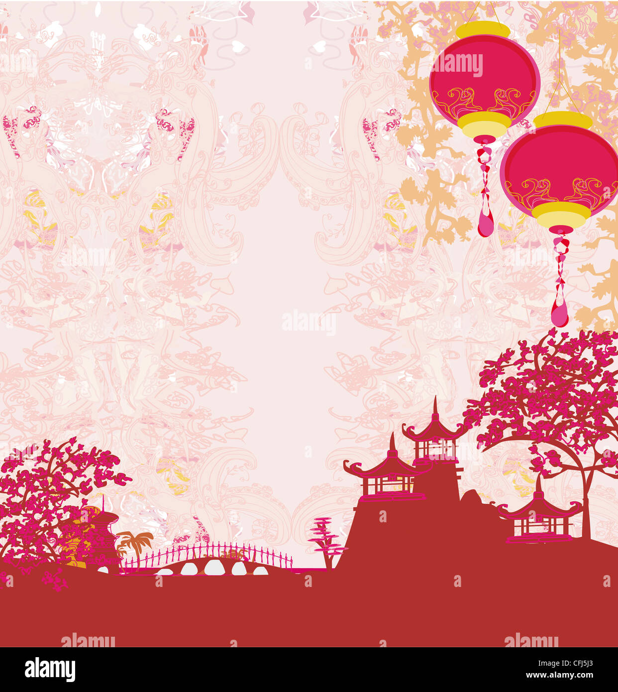 old paper with Asian Landscape and Chinese Lanterns - vintage japanese ...
