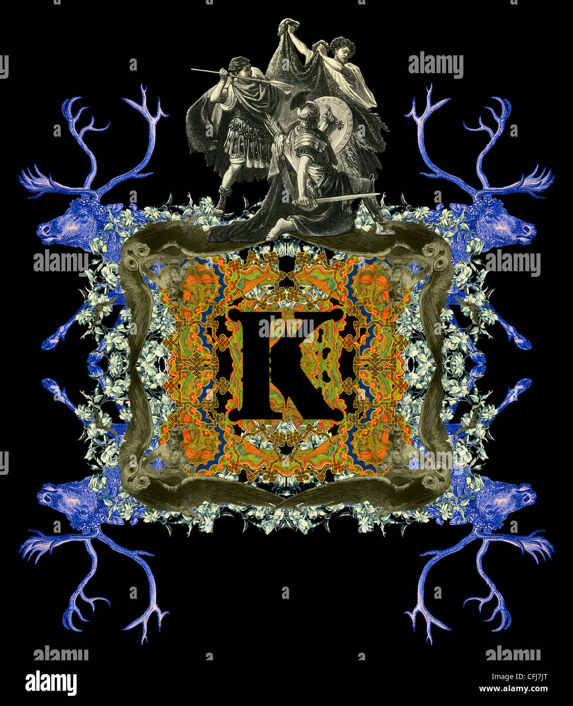 Luxurious Victorian initials letter K, after a engraving "A bull fight ...