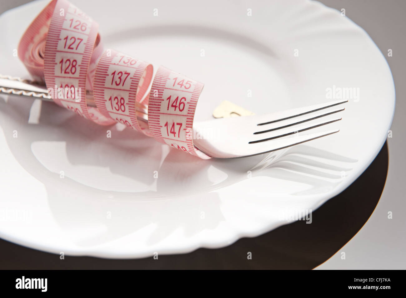 Empty plate with a fork and measuring tape Stock Photo - Alamy