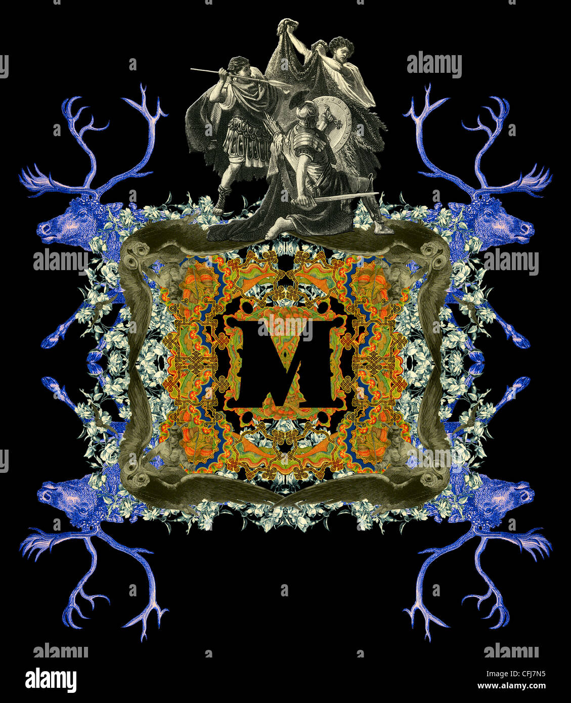 Luxurious Victorian initials letter M, after a engraving "A bull fight ...