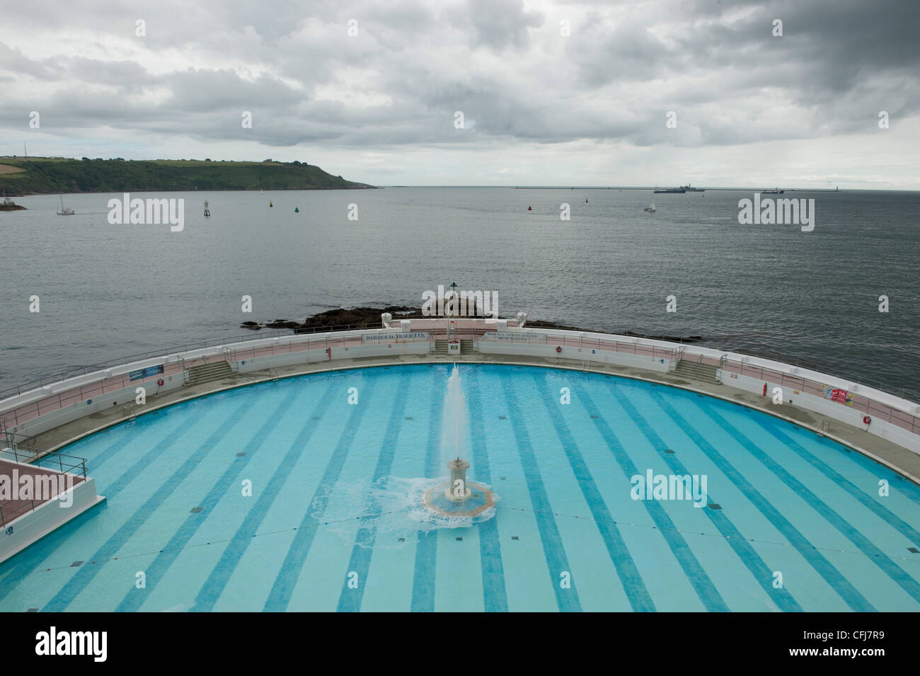 View of Tinside Lido outdoor swimming pool towards the sea in Plymouth ...