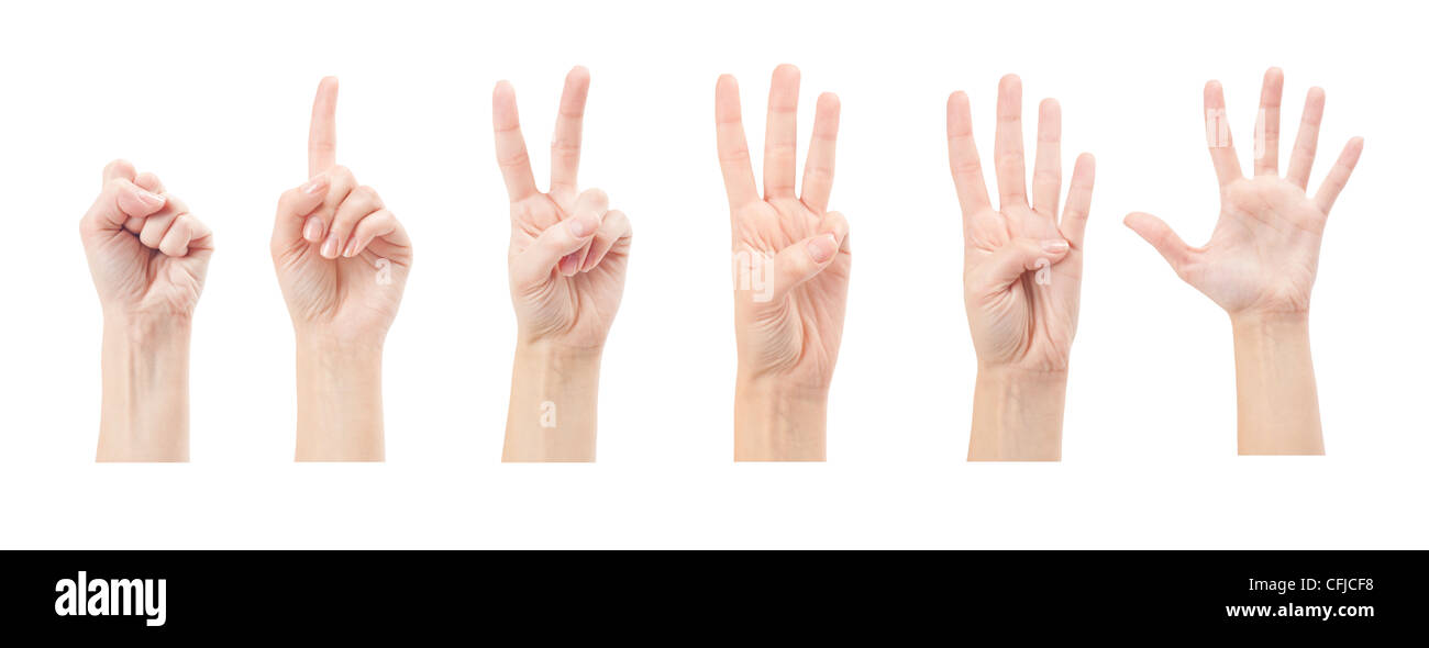 Counting woman hands (0 to 5) isolated on white background Stock Photo ...