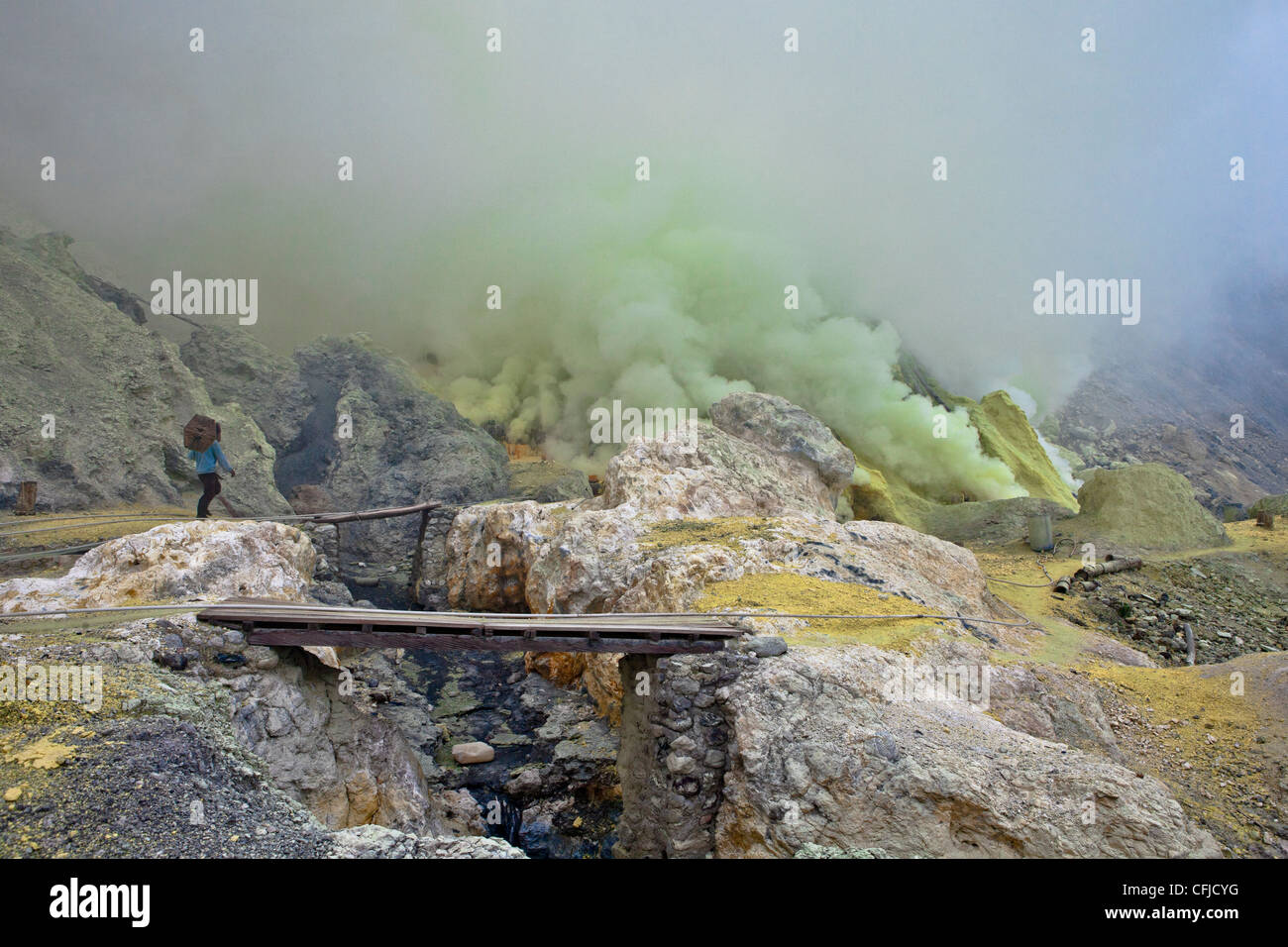 Sulfur workers at Kawa Ijen volcano in the sulfur mine, Kawa Ijen ...