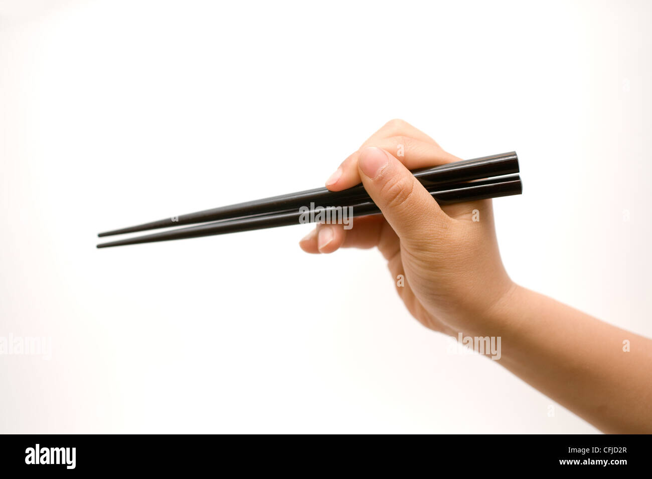 Hand holding chopsticks in the open position over white Stock Photo - Alamy