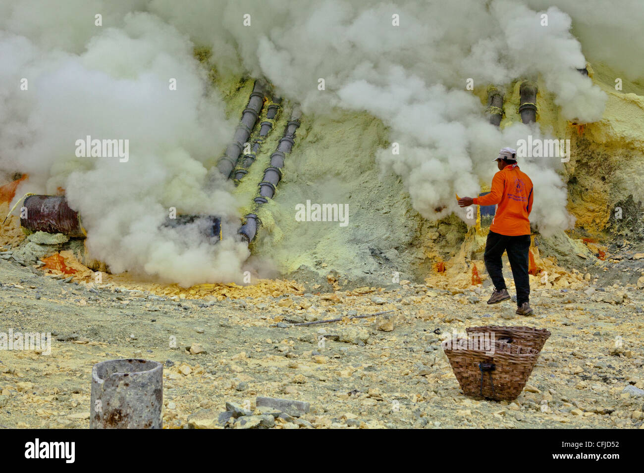 Sulfur workers at Kawa Ijen volcano in the sulfur mine, Kawa Ijen ...