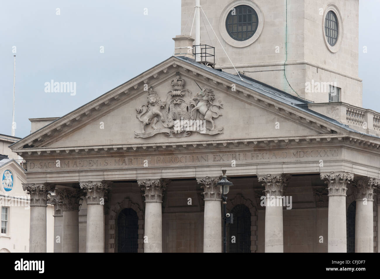 Latin inscription and crest on the front of St Martin-in-the-Fields ...