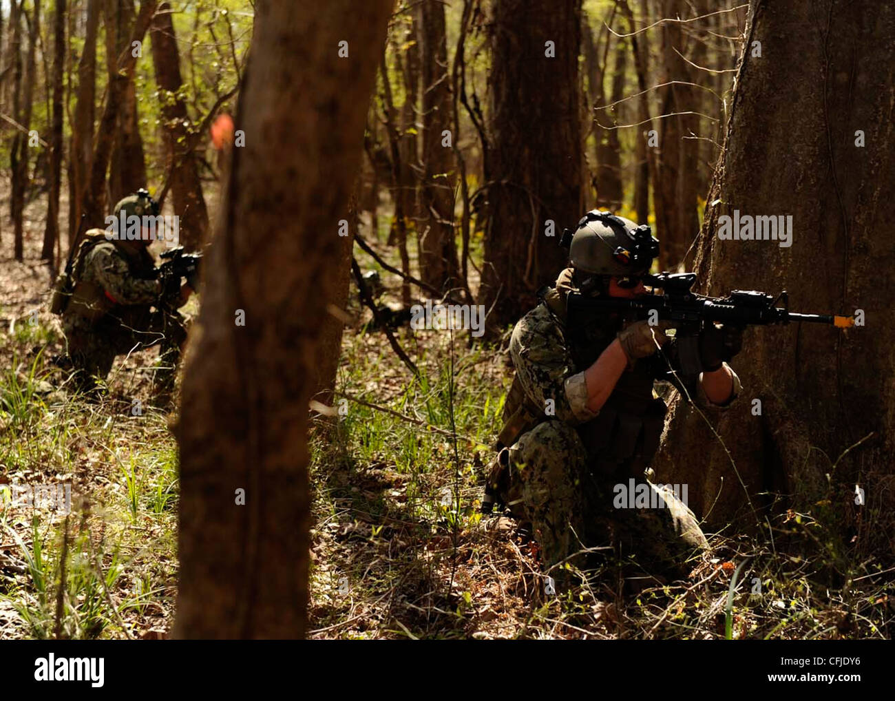 U.S. Navy Riverine security team members set a perimeter during Emerald ...