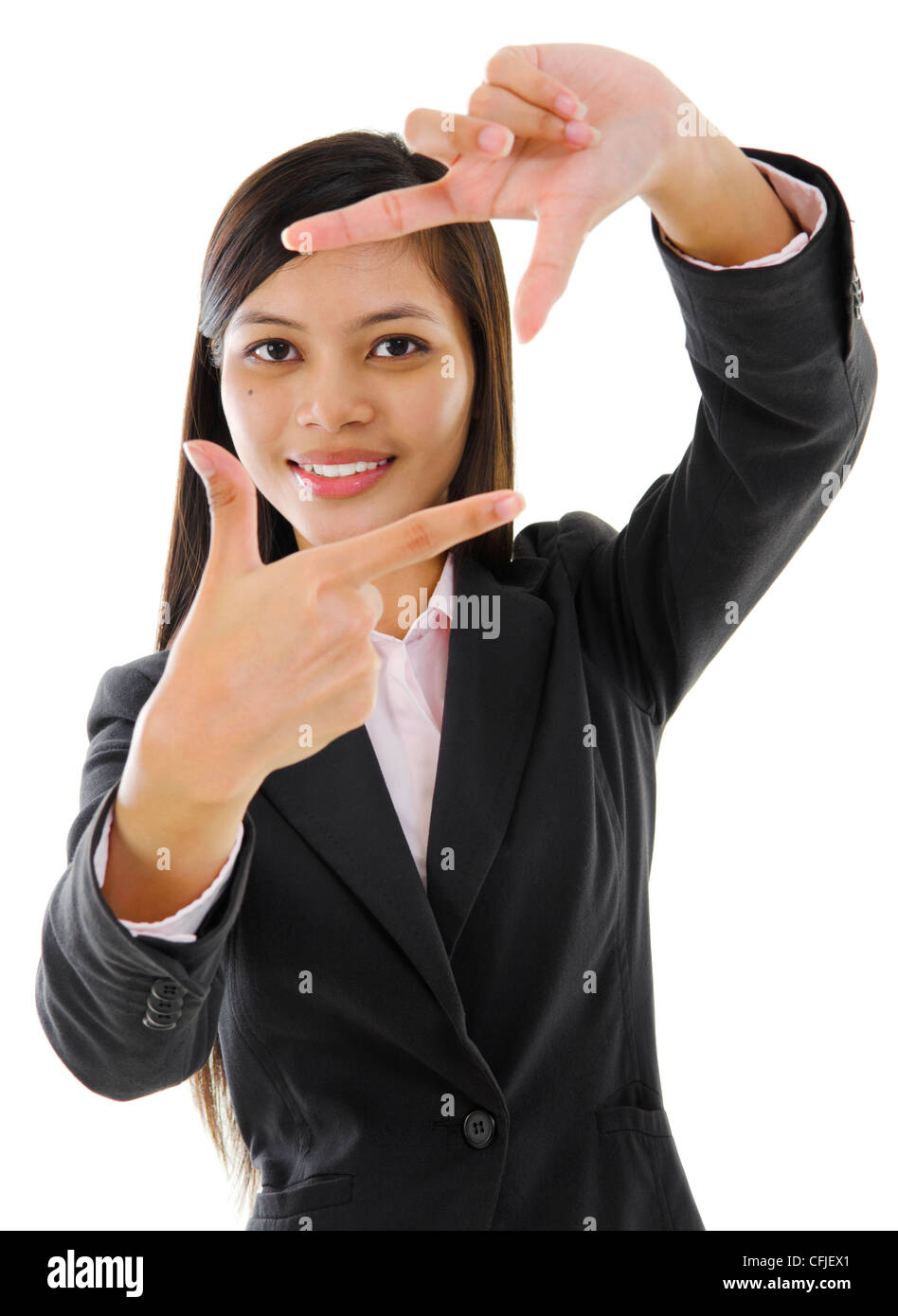 Mixed race Asian woman showing perspective hand sign Stock Photo - Alamy