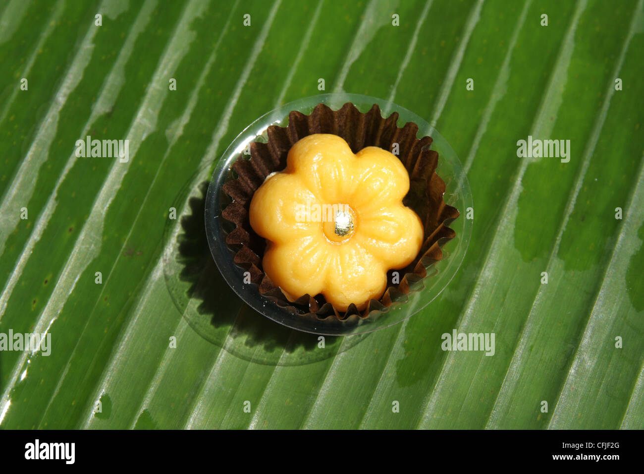 Egg yolks dumpling topped with an edible gold leaf hi-res stock ...