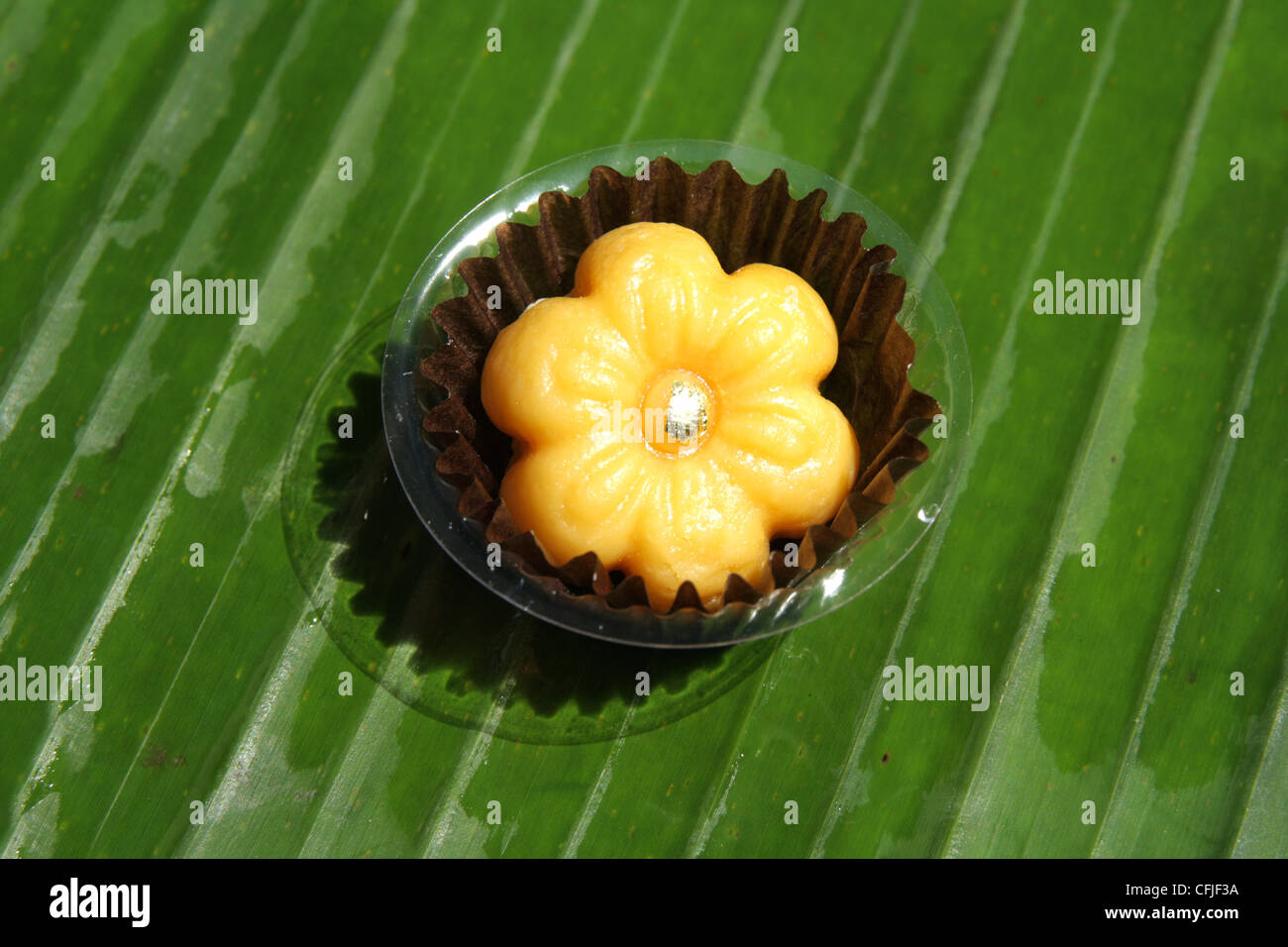 Egg yolks dumpling topped with an edible gold leaf hi-res stock ...