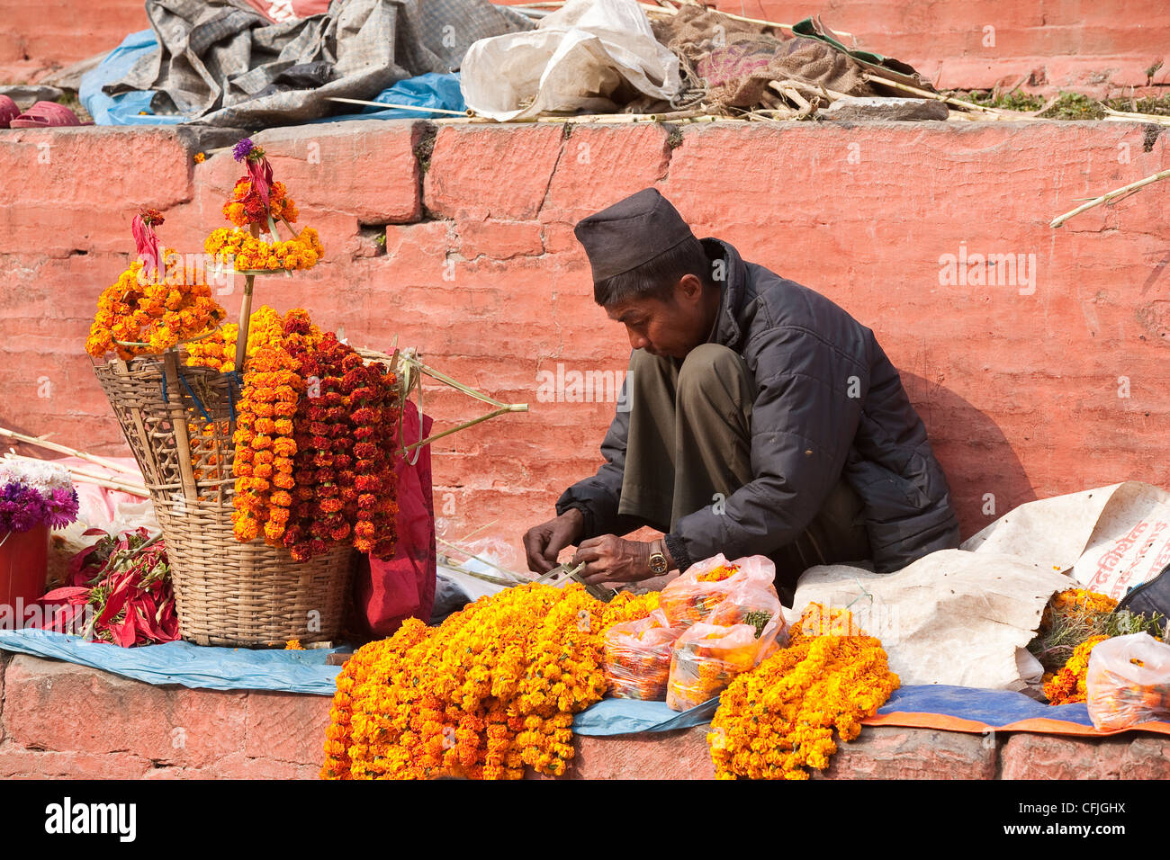 Marigold Seller at Maju Deval Temple in Durbar Square - Kathmandu ...