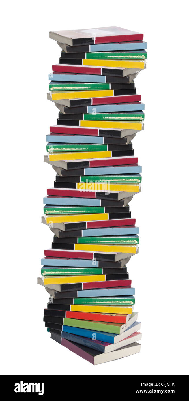Isolated tower twisted stack of colorful real books Stock Photo - Alamy