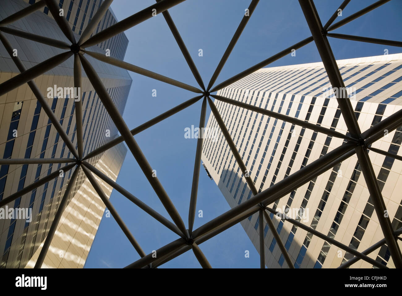 Looking up into the sky through skyscrapers hi-res stock photography ...