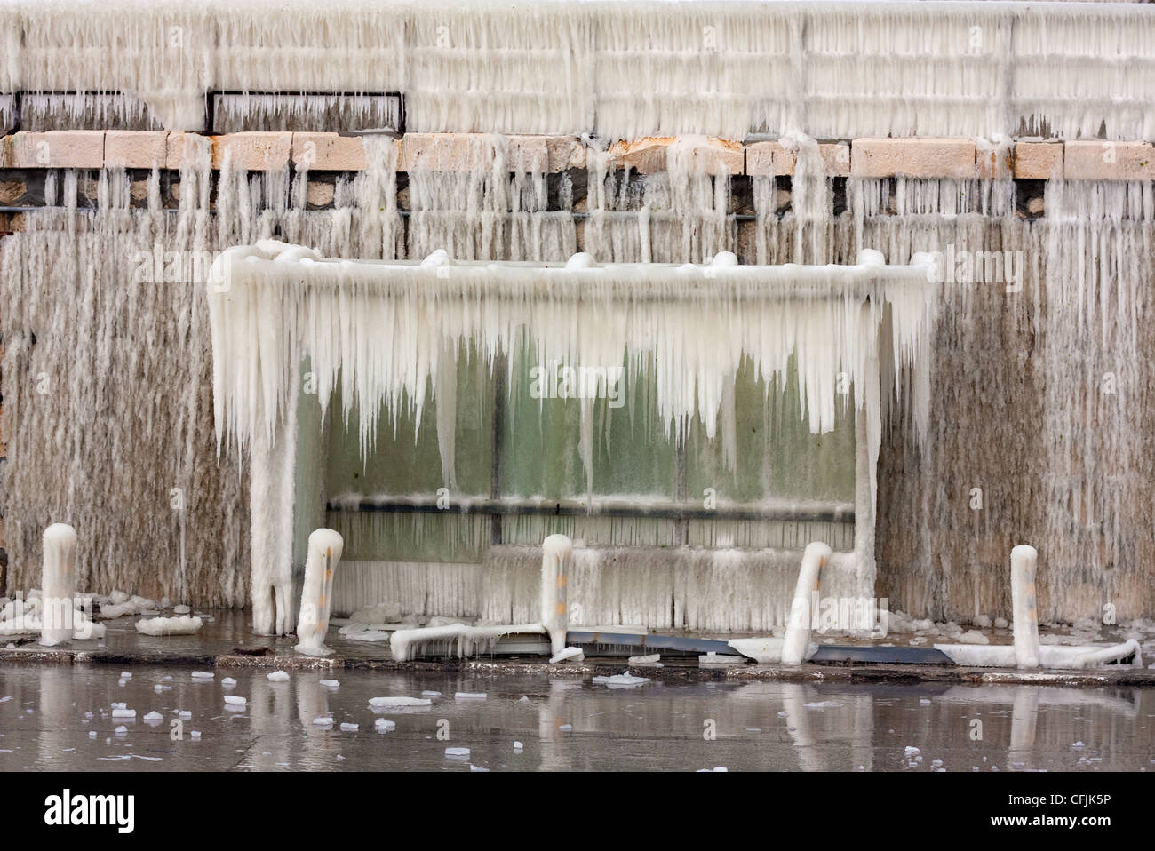 Frozen bus-stop in Varna,Bulgaria coverd with icicles due to extremely ...