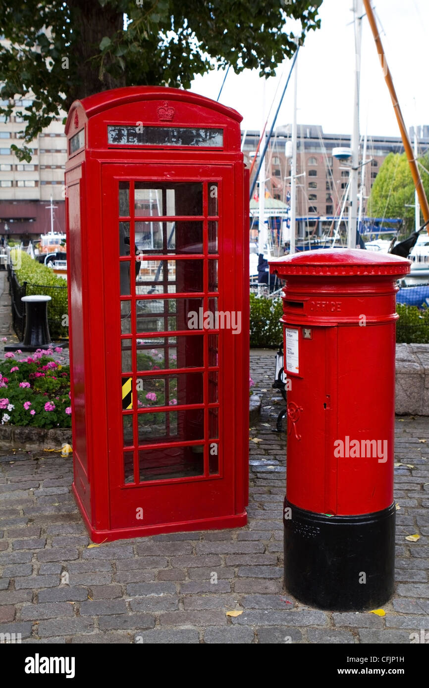 Red telephone and post box at St Katharine's Dock in East London Stock ...