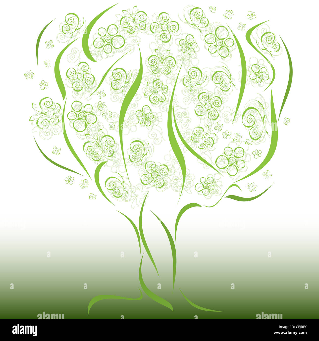 fine abstract green tree with flowers and butterflies Stock Photo - Alamy