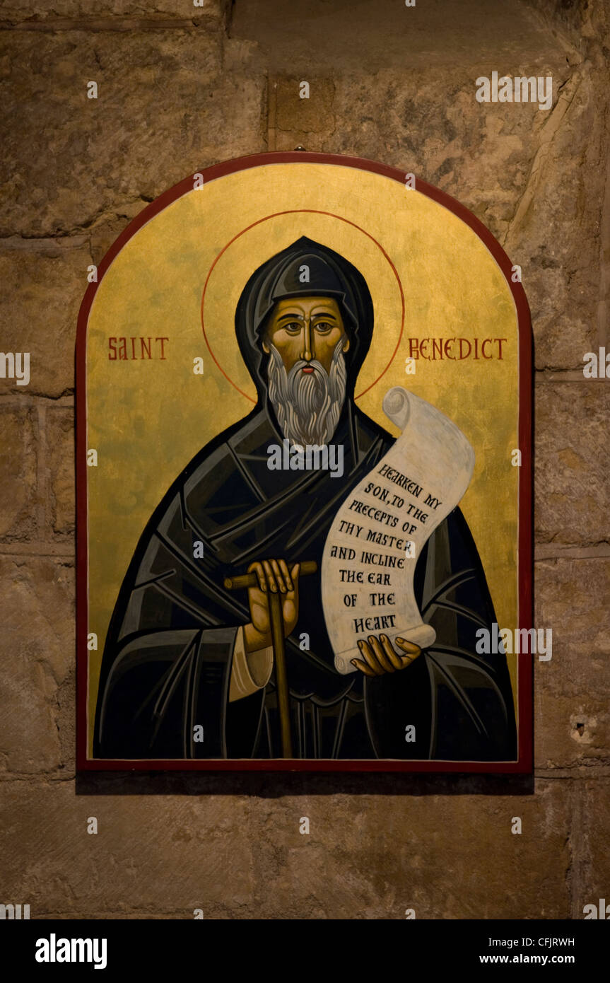 Saint Benedict icon on stone wall in [Tewkesbury Abbey] painted by ...