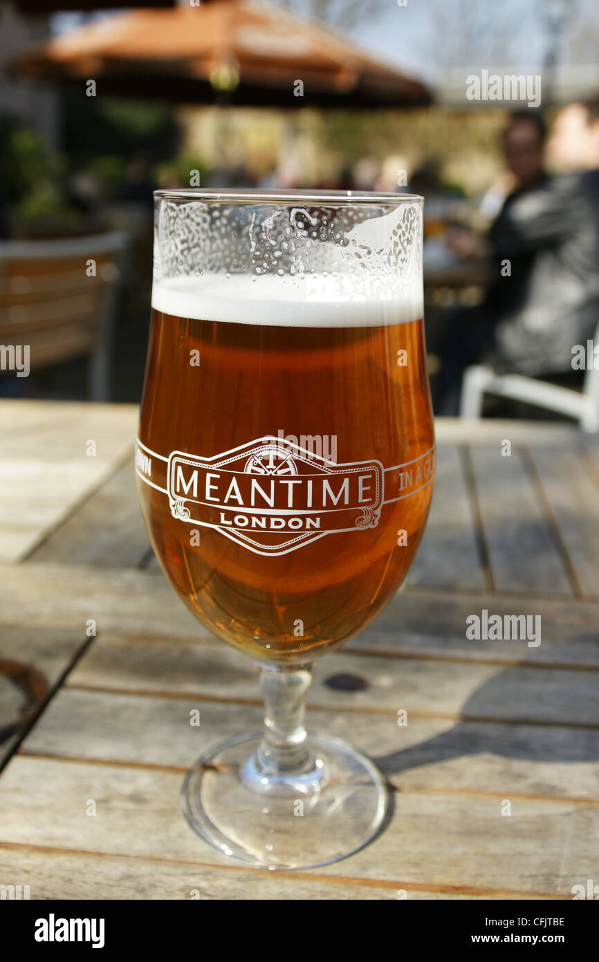 A pint of Saaz Gold lager from Meantime Brewery Stock Photo - Alamy