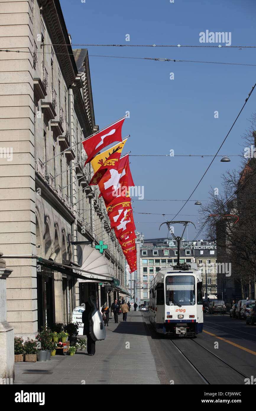 A row of flags in a Geneva Street, Switzerland Stock Photo - Alamy