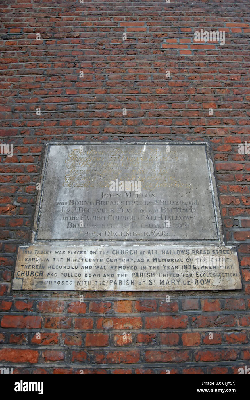 memorial at bow church, london, recalling the 1608 birth of john milton ...