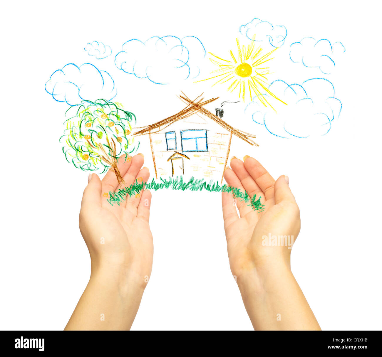 The drawing house in human hands. Isolated on white Stock Photo - Alamy