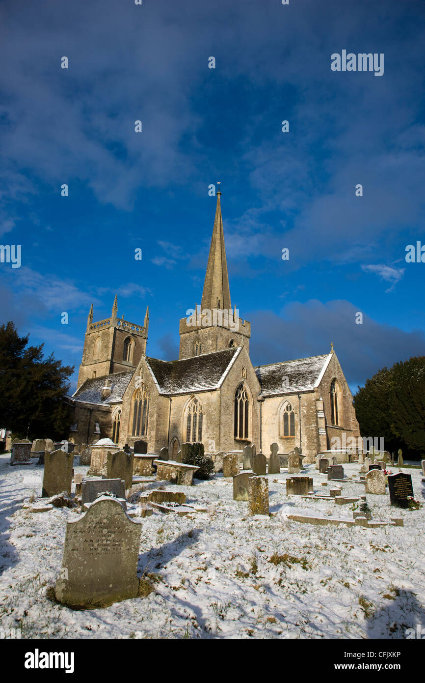 Purton church in the snow with blue sky and sunshine, Purton, Wiltshire ...