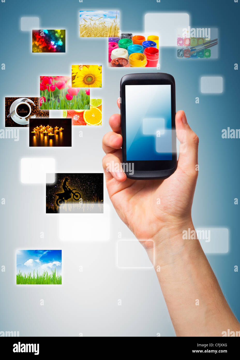 Hand holding phone with multimedia Stock Photo - Alamy