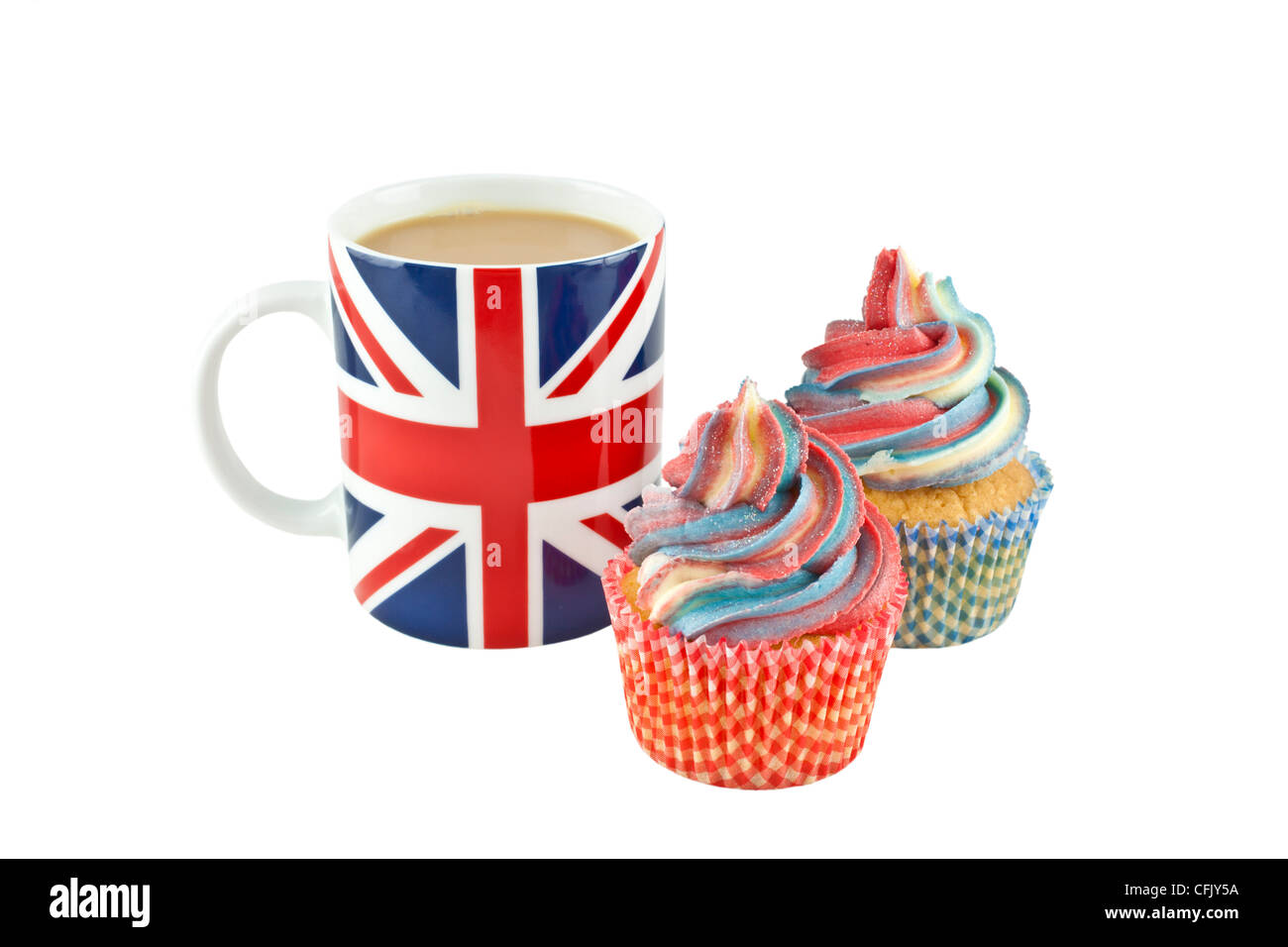 Union Jack Flag Mug of tea and cupcakes Stock Photo - Alamy