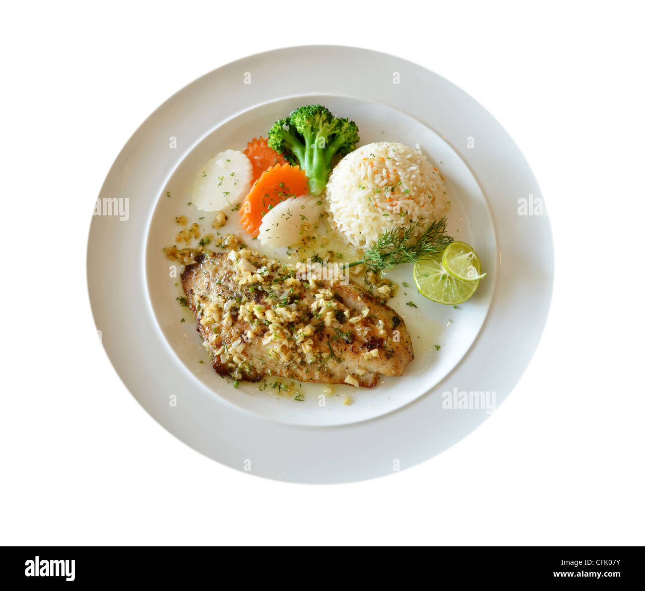 roasted fish served with fried rice Stock Photo - Alamy
