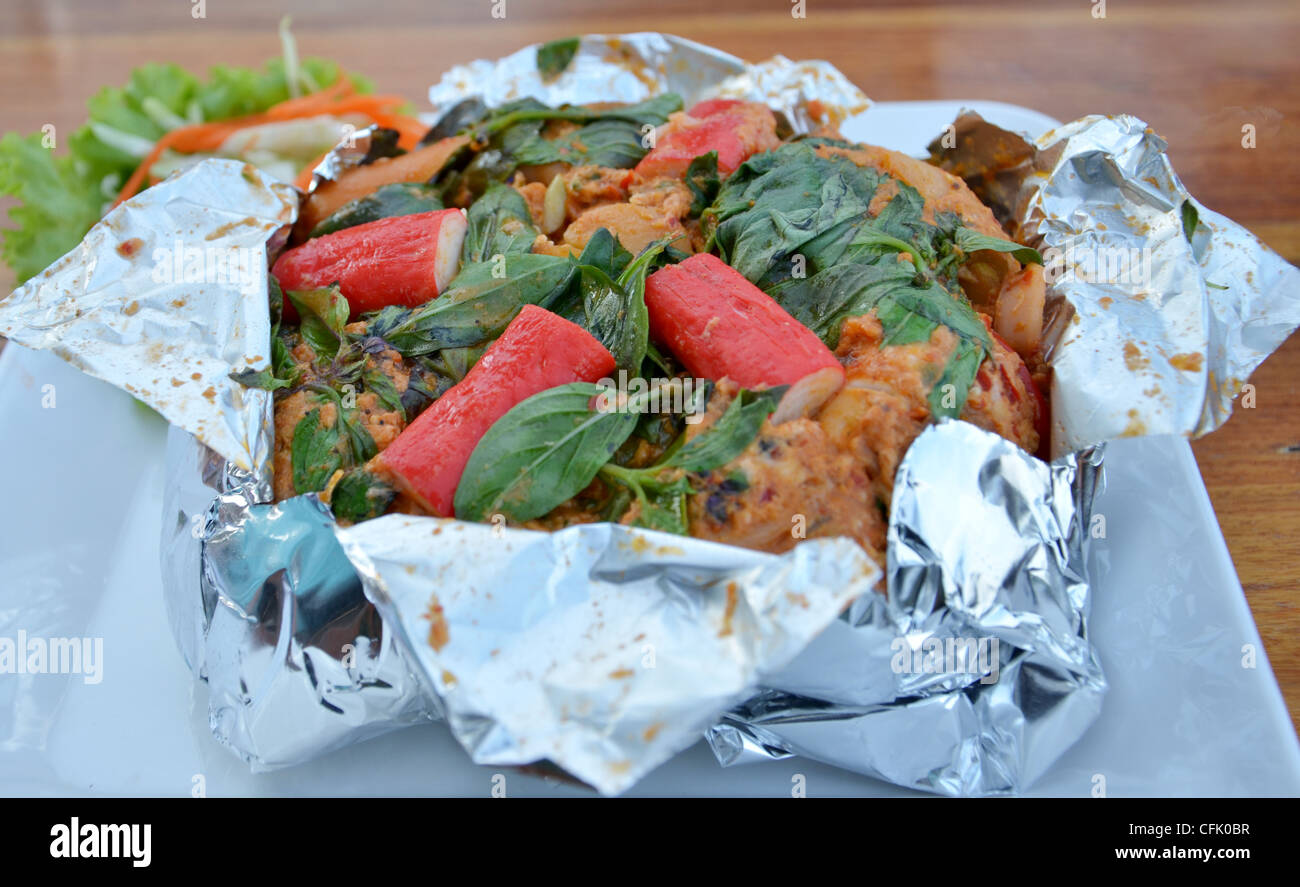 Ho Mok Thale is Thai food steamed seafood custard , curry seafood mixed ...