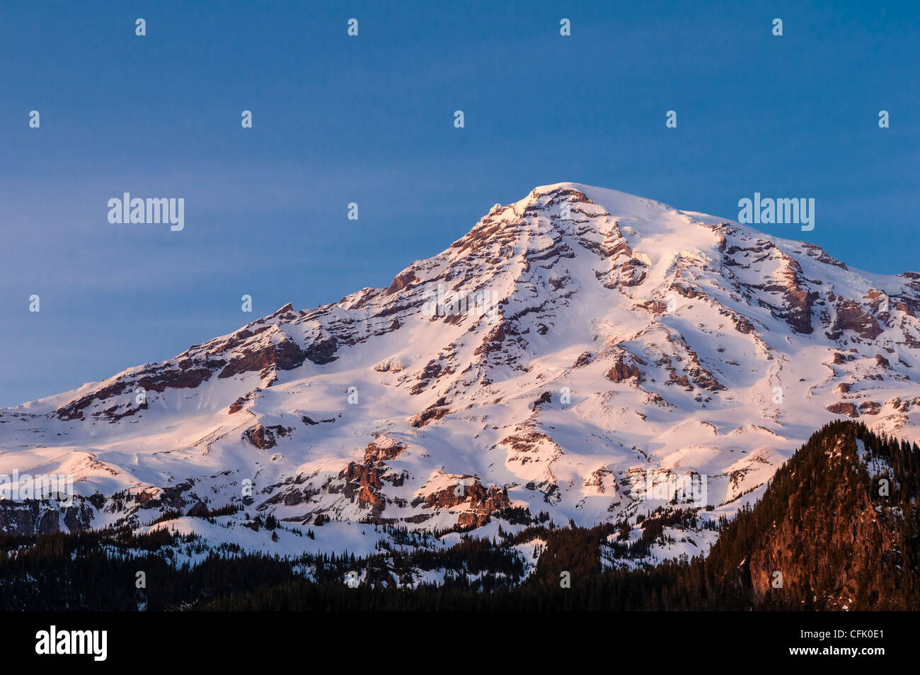 Sunset light on Mount Rainier from Ricksecker Point viewpoint; Mount ...