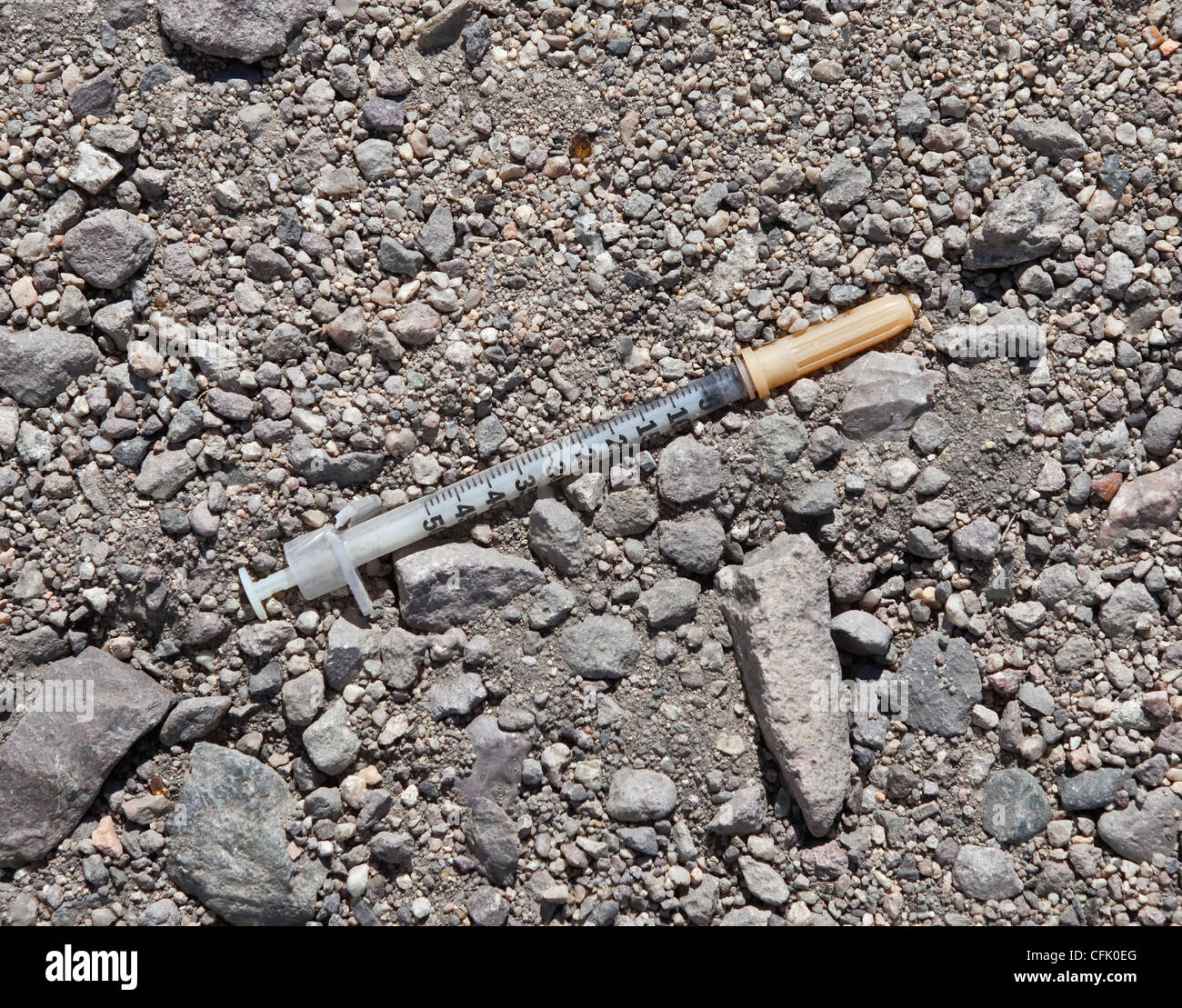 Discarded drug addict needle syringe in the dirt Stock Photo - Alamy