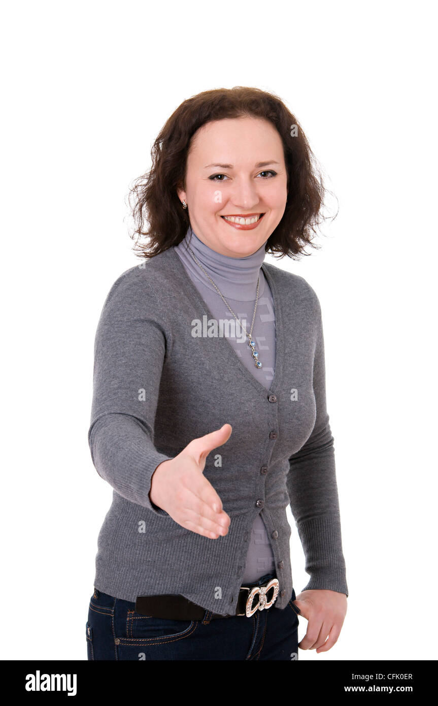 woman holds out his hand to greet isolated on white background Stock ...