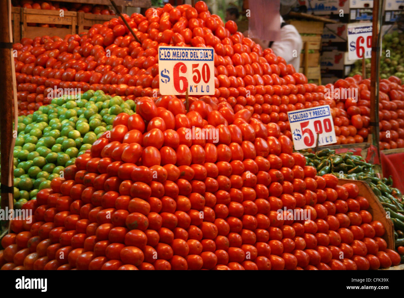 Pyramid of bright red tomatoes, Merced Market, Mexico City, Mexico ...