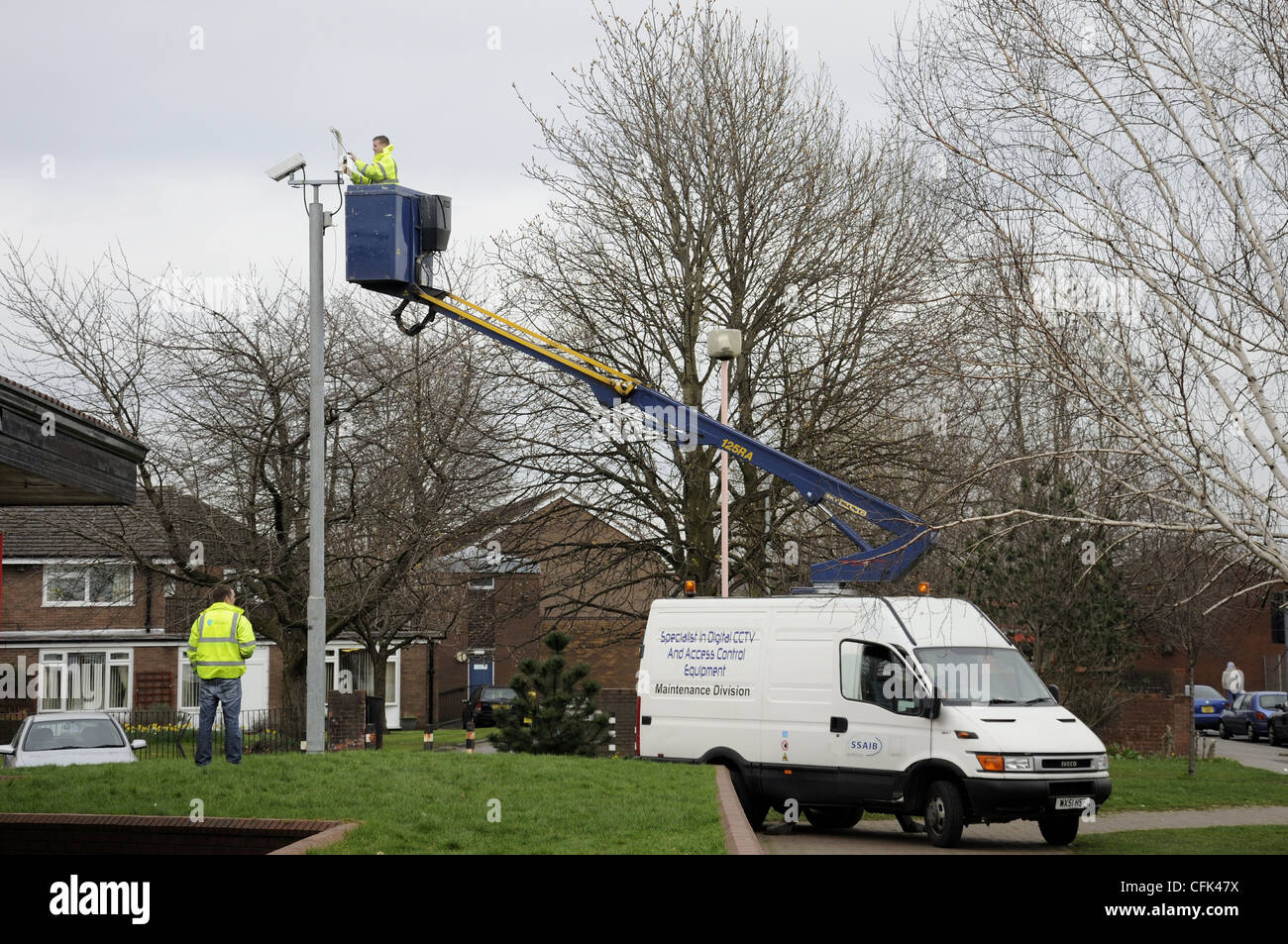 CCTV van with workers doing maintenance and repair on camera mast Stock ...