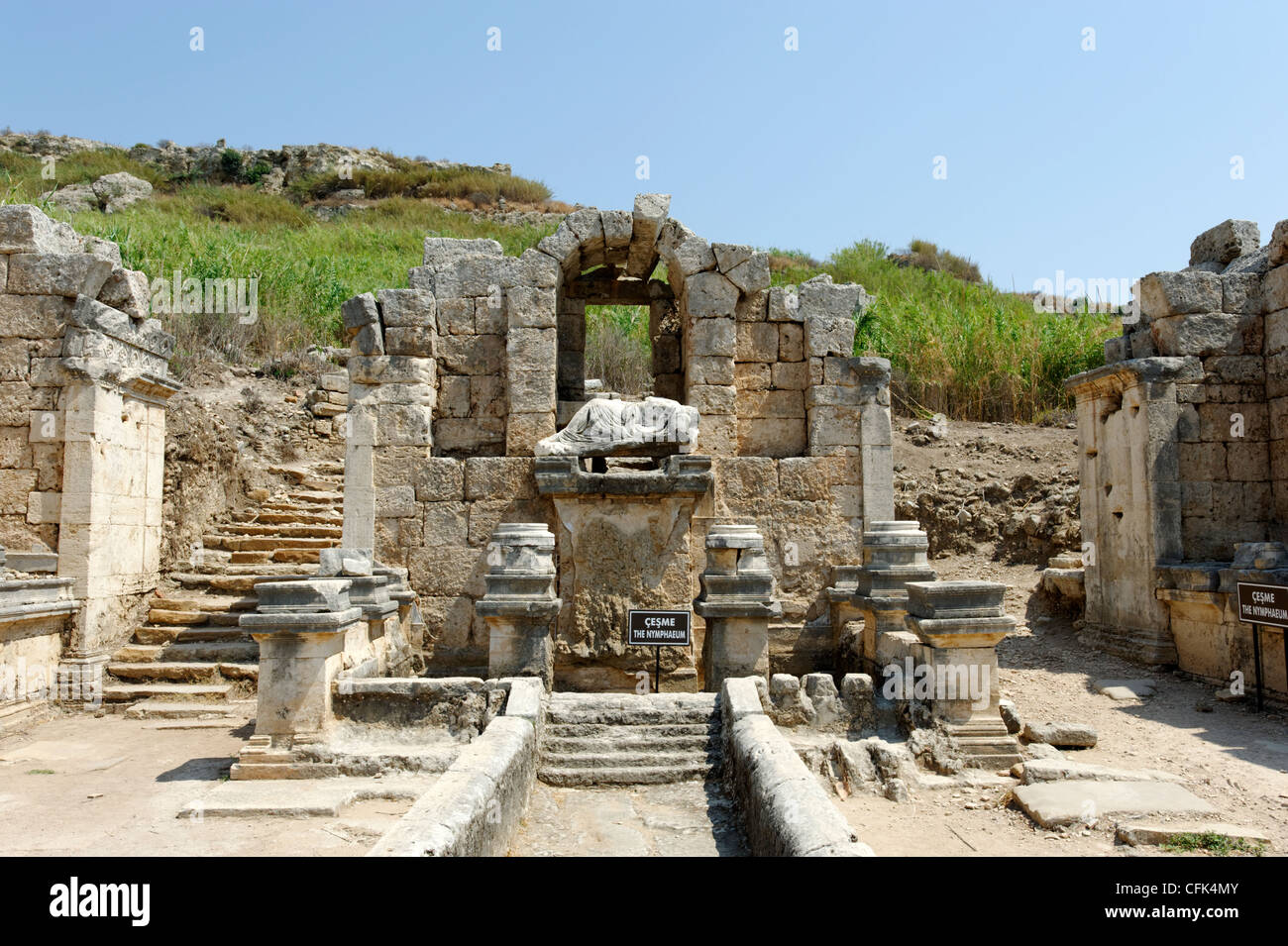 View of the nymphaeum fountain with the reclining statue of the local ...