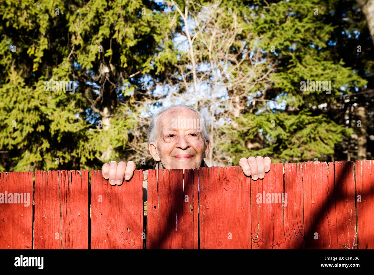 Senior Man Looking Over a Red Wooden Fence Stock Photo - Alamy
