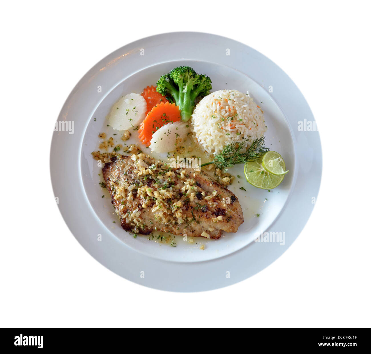 roasted fish served with fried rice Stock Photo - Alamy