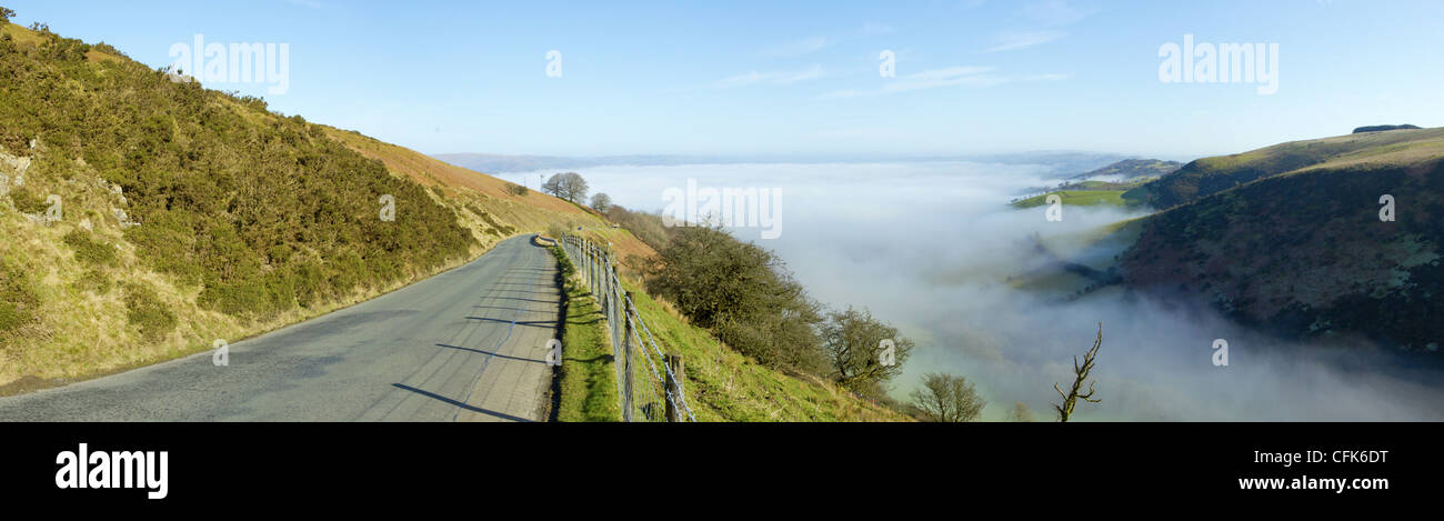 Panorama narrow road Welsh hills morning mist, Mynydd Epynt Stock Photo ...