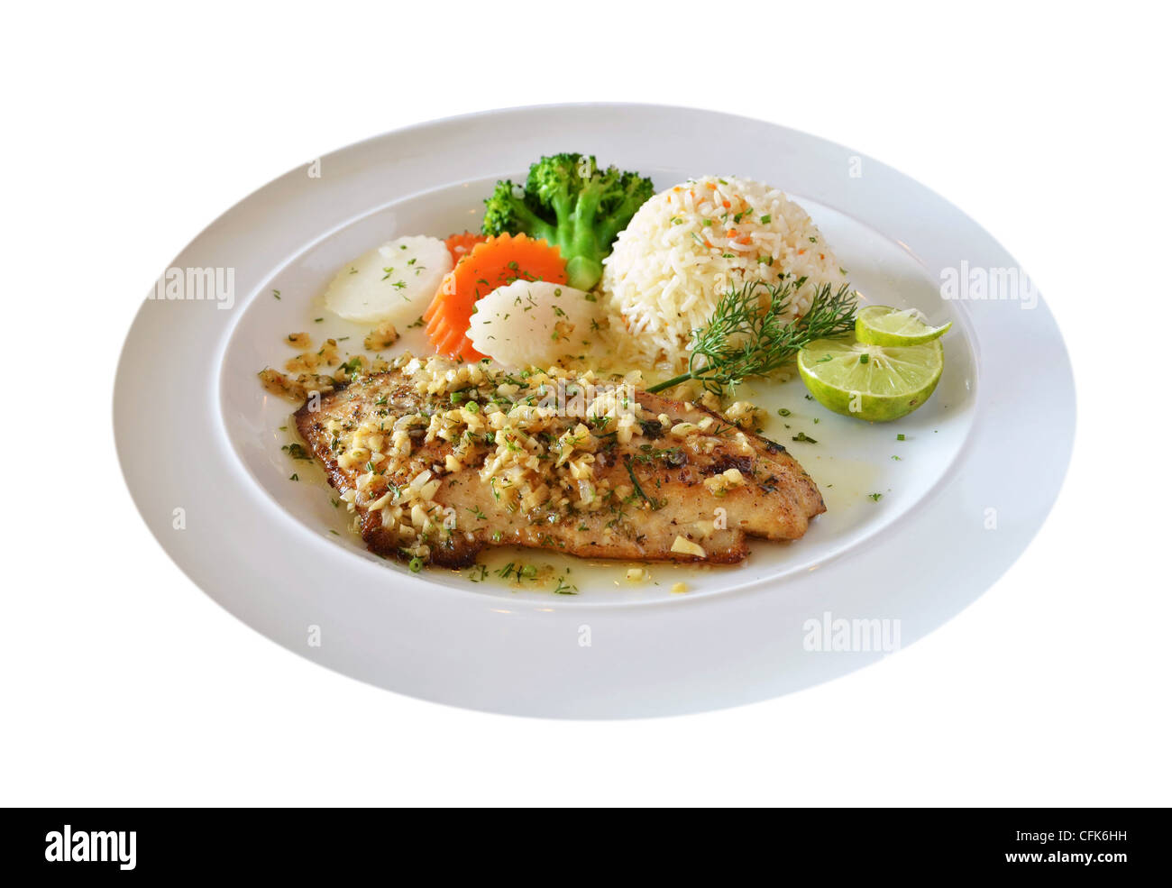 Grilled fish roasted vegetable Cut Out Stock Images & Pictures - Alamy