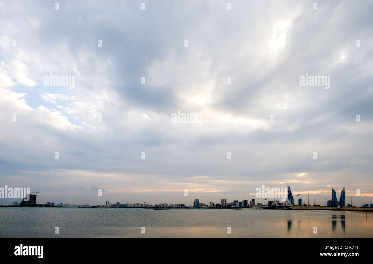Bahrain, Manama, the skyline of the city seen from the Shaikh Hamad sea ...