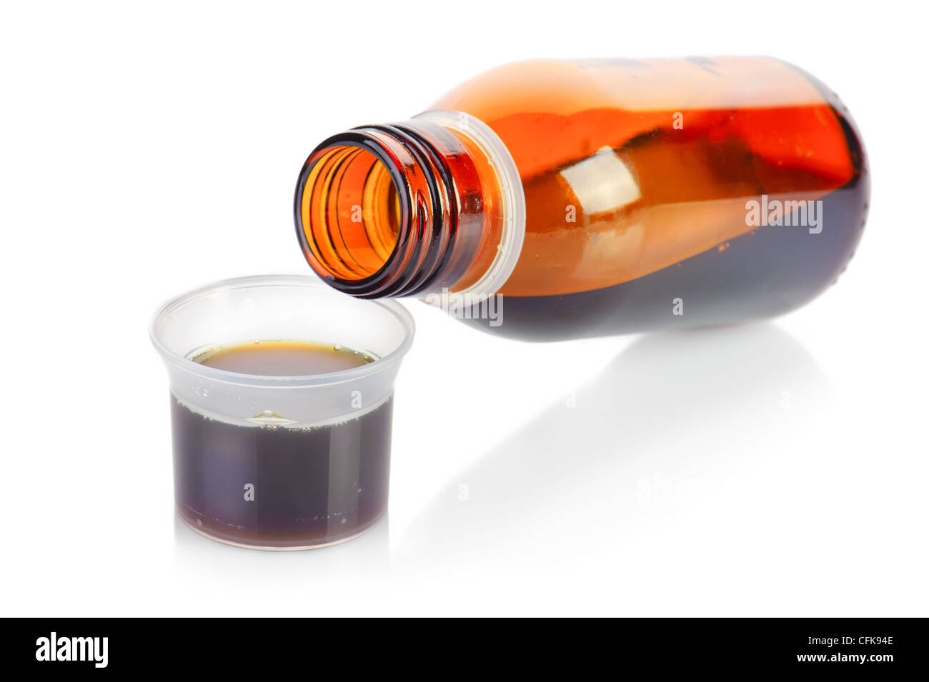 Bottle and plastic measuring cup of syrup medication on white ...