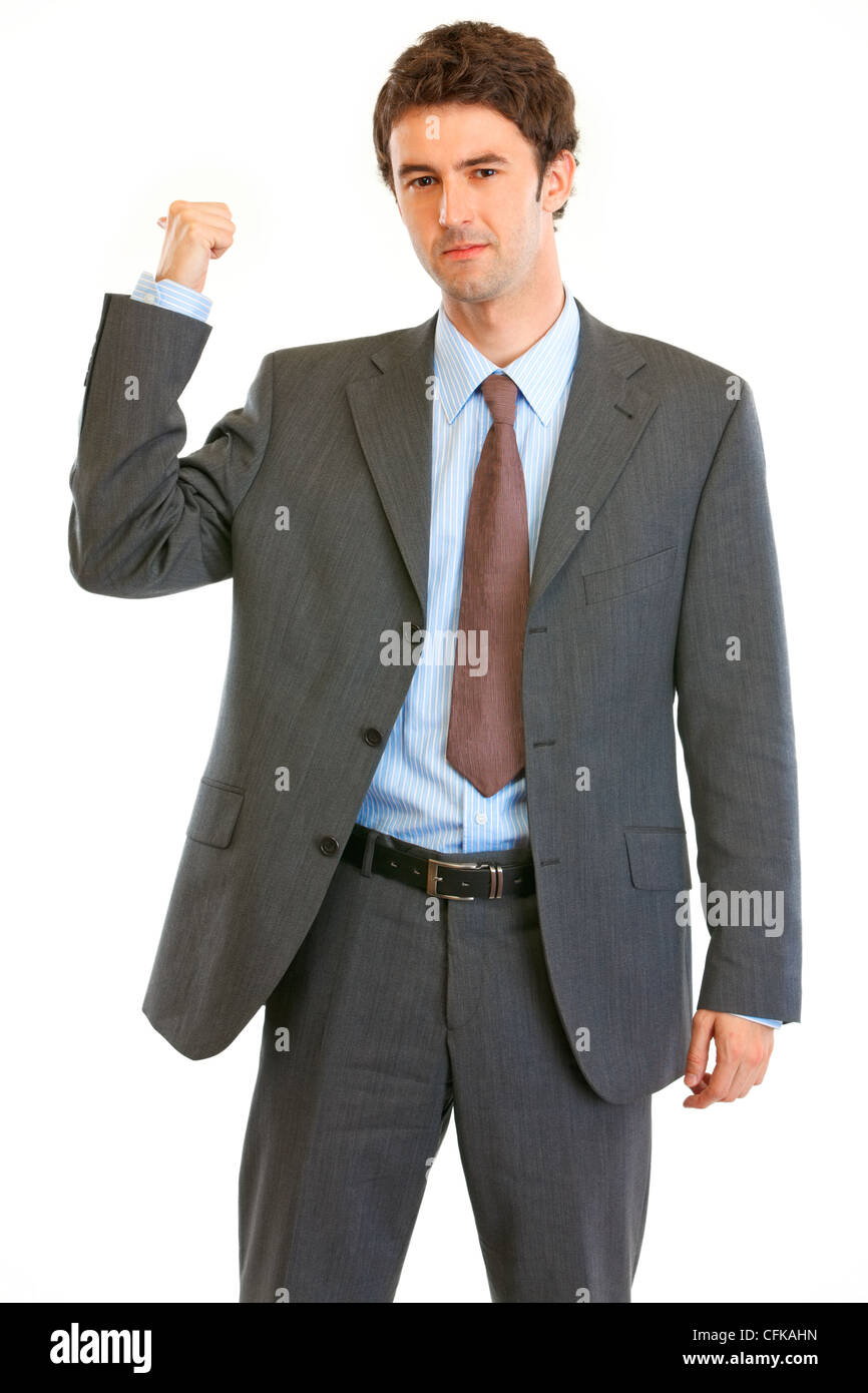 Angry modern businessman showing get out gesture isolated on white ...