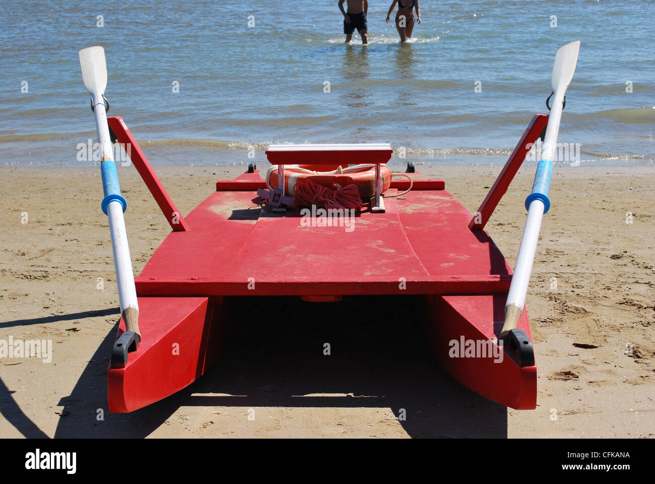 Typical red rescue boat by the sea, Rimini, Italy Stock Photo - Alamy